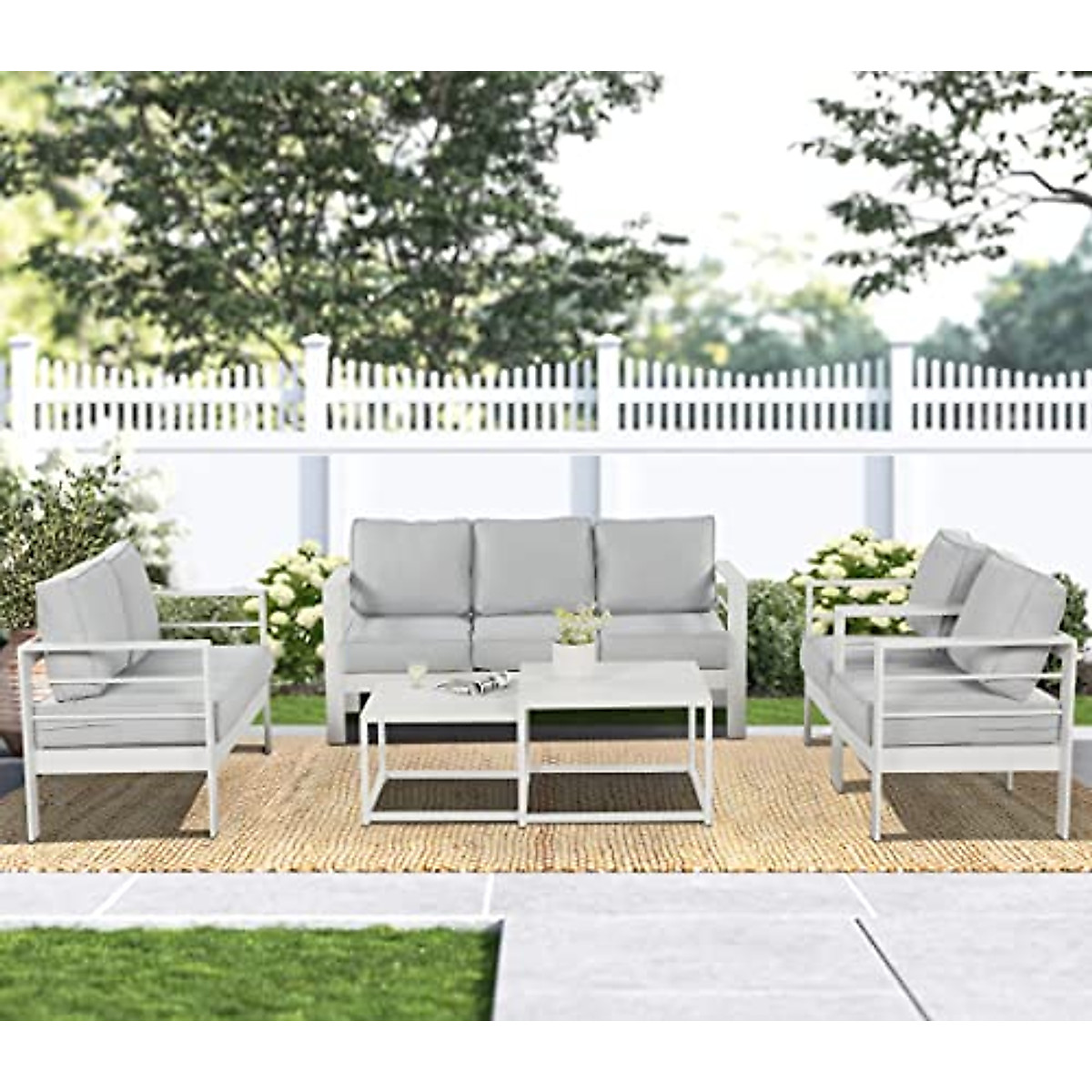 Solaste Aluminum Outdoor Patio Furniture Set, Metal Outside Patio Furniture Conversation Sets with Nesting Coffee Table, Outdoor Seating Set with 5” Olefin Cushions for Backyard Deck Lawn, White