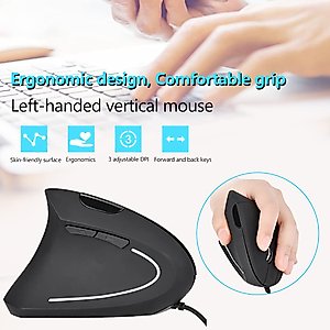 Ergonomic Vertical USB Wired Mouse, Left Handed Optical Mouse, 3 Adjustable DPI 800/1200/1600, 6 Programmable Buttons, Universal Gaming Mouse for Laptop, Desktop, Notebook, PC, Computer (Black)