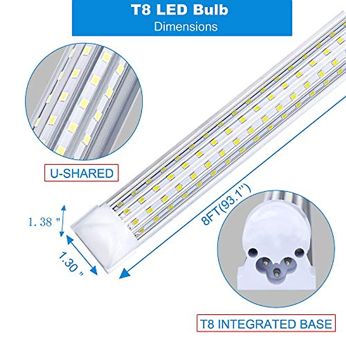 20-Pack, LED Shop Light, 8FT 144W 14500LM 6000K, Cold White, U Shape, Clear Cover, Hight Output, Linkable Shop Lights, T8 LED Tube Lights, LED Shop Lights for Garage 8 Foot with Plug (20PCS 8FT 6000K)