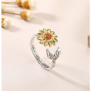 Jewenova Sterling Silver Sunflower Fidget Ring for Women, You Are My Sunshine Stress Relieving Ring, Christmas Jewelry Gift For Women