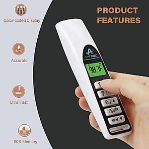 Amplim Baby Thermometer | 3-in-1 Accurate Infrared Thermometer for Ear, Forehead & Touchless, FSA/HSA Eligible Fever Thermometer for Baby, Infants, Toddlers, Kids & Adults | White Base Stand & Clock