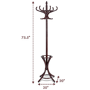 Tangkula 75.5" Standing Coat Rack, Wood Coat Tree with 12 Hooks, Home Hat Jacket Hanger Tree 12 with Umbrella Holder Coat Stand (Brown)