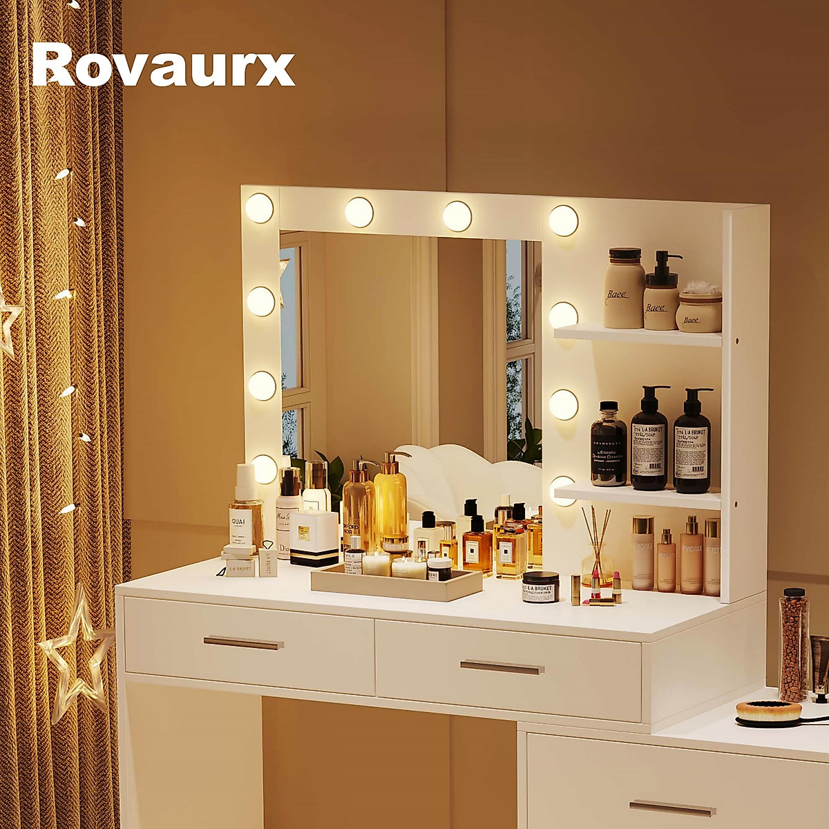 Rovaurx 65" W Makeup Vanity Set with Mirror and 3-Color Lights, Large Vanity Table with 8 Drawers & Side Storage Shelf, Adjustable Width, Bedroom Dressing Table with Stool, for Women, White RSZT109WD