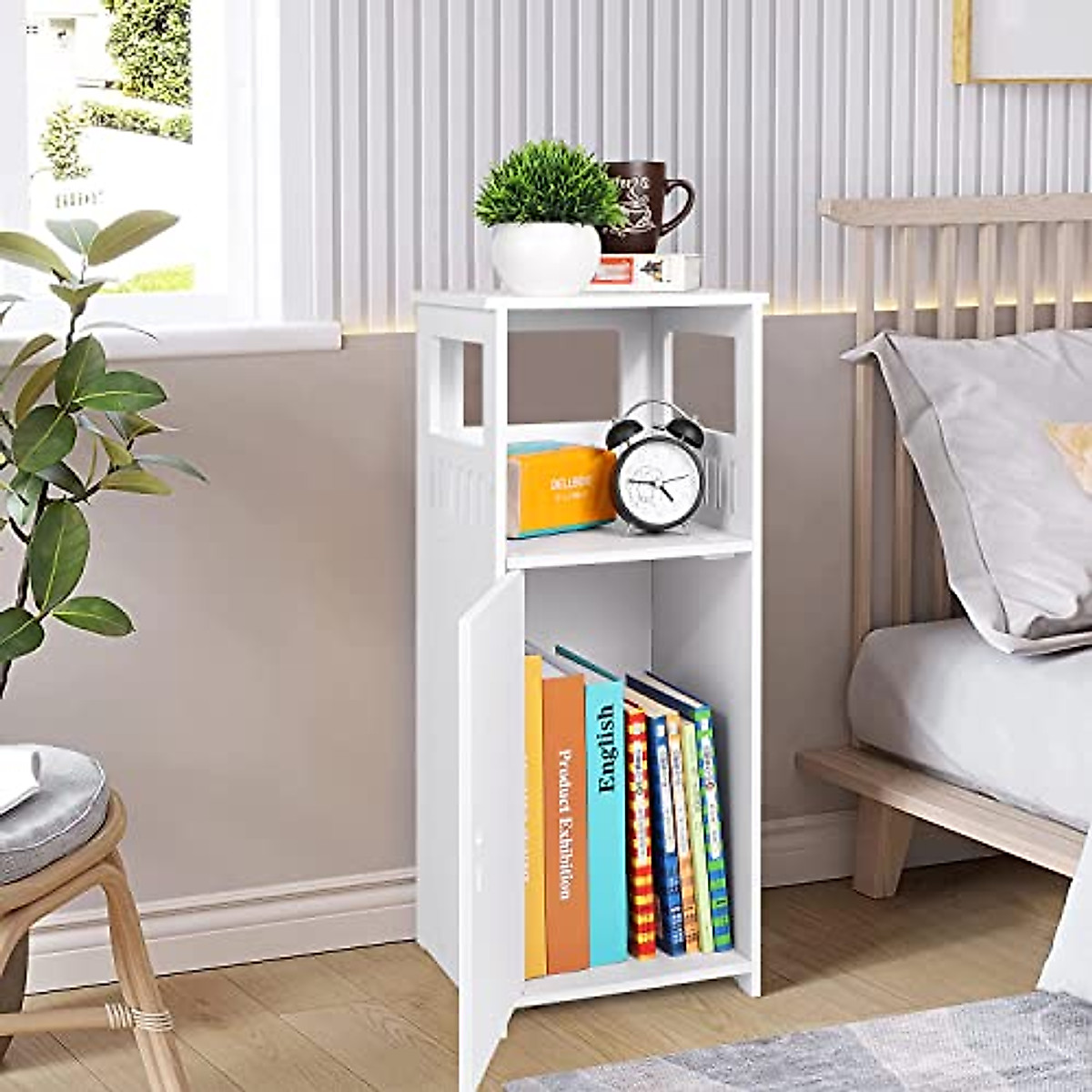 Bathroom Floor Storage Cabinet White,Narrow Space Cabinet with Door and Shelf,Bathroom Furniture Cabinet,Side Organizer Rack Stand Table,Side Table/Nightstand/Side Cabinet for Bedroom Living Room.