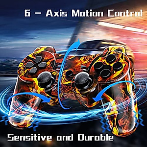 ISHAKO Wireless Controller 2 pack for PS3, Upgraded Joystick Controller for PS3 High Performance Double Shock, Touch Pad, Audio Function compatible with Playstation 3 / Pro/Slim/PC(Flame+Black Skull)