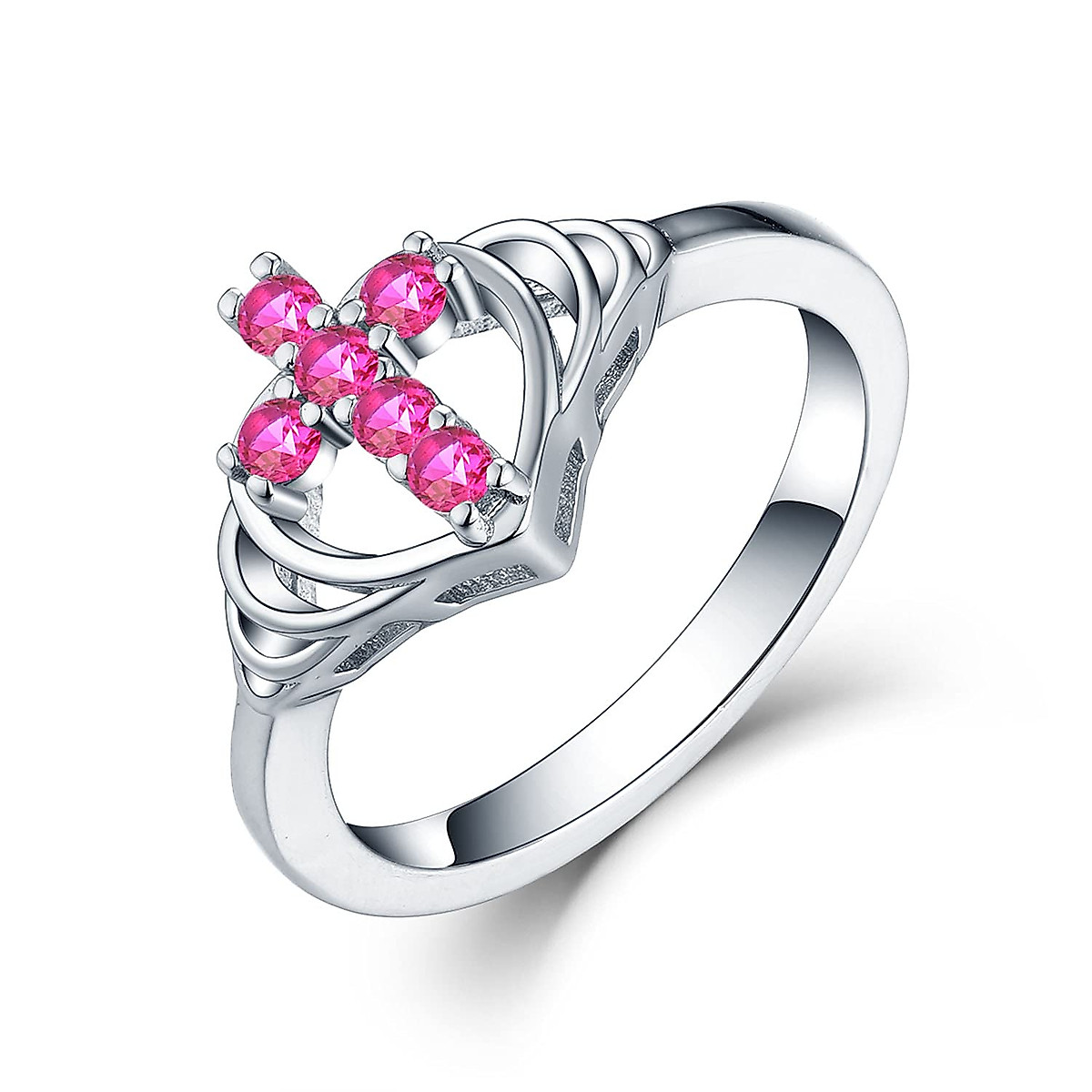 JO WISDOM 925 Sterling Silver Cubic Zirconia Heart Cross Crucifix Statement Ring,July Birthstone Ruby Color Jewelry for Women size9
