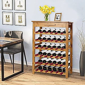 Kinbor 6-Tier Bamboo Wine Rack with Drawer, Standing Storage Rack with 36 Bottles Holder for Bar, Wine Cellar, Basement, Cabinet, Pantry, Kitchen