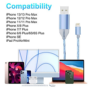 2M/6FT Flowing LED Light Up Lightning Charge Cable,Glowing Apple Charger Adapter Sync Data Connector Cord for Car with iPhone 13/12 Pro Max /11 Pro/XR/XS Max/X/8 7 SE 2020,iPad/iPod (Blue)