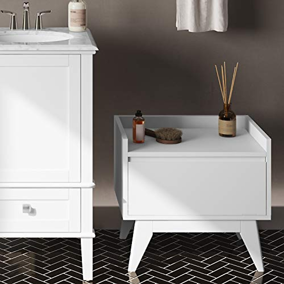 SIMPLIHOME Draper 20 inch H x 22 inch W Storage Hamper Bench in Pure White with Storage Compartment and 1 shelf, for the Bathroom