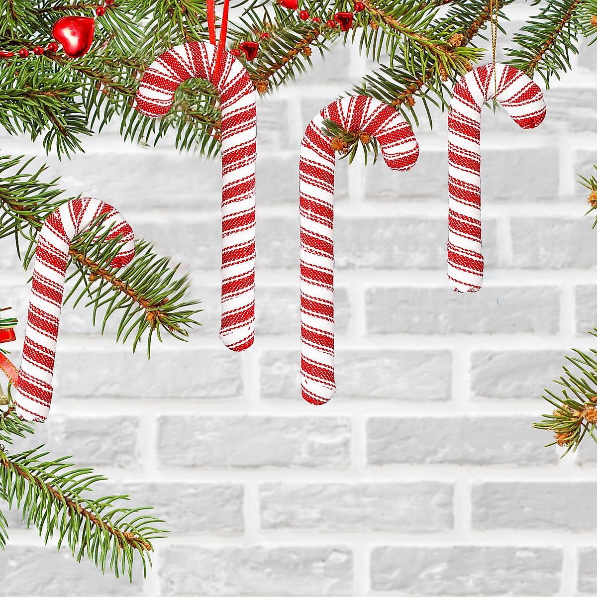 24pcs Candy Cane Christmas Decorations for Tree - Red White Fabric Wrapped Candy Cane Christmas Hanging Ornaments for Farmhouse Christmas Decor Gift Candyland Party Favor Supplies