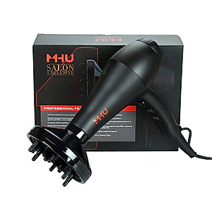 MHU Professional Salon Grade 1875w Low Noise Ionic Ceramic Ac Infrared Heat Hair Dryer Plus One Concentrator and One Diffuser Black Color