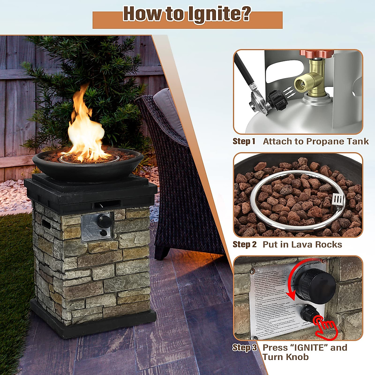 Tangkula Patio Propane Fire Bowl, Patiojoy 40,000BTU Square Fire Pit with Round Bowl, Lava Rocks & Waterproof Cover, Faux Stone Fire Pit Table for Outside Courtyard, Patio, Porch (Natural Stone)