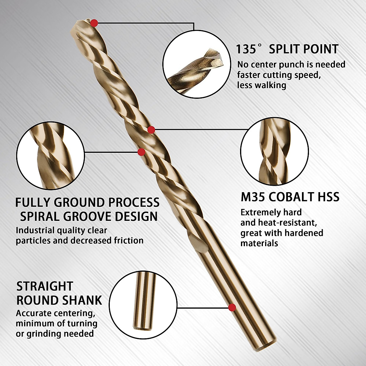 AIMLENTOOL 15Pcs Cobalt Drill Bit Set, M35 HSS, SAE (1/16" - 3/8"), 135° Tip, Twist Jobber Length Drill Bit Kit for Hardened Metal, Stainless Steel, Cast Iron, Plastic and Wood, Indexed Storage Case