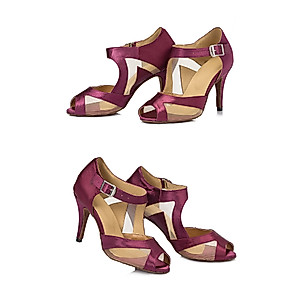 URVIP Women's Satin High-Heel Ballroom Pumps Modern Latin Tango Shoes Cross Ankle Strap Buckle Dance Shoes LD006 Fuchsia 8 B(M) US