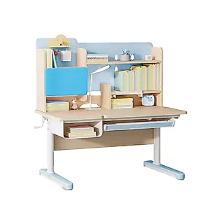 FCD Wood Adjustable Height Ergonomic Kids Study Desk Drafting Table Computer Station Built-in Bookshelf Hutch Multi Function Desktop 43.3" Width (Blue)