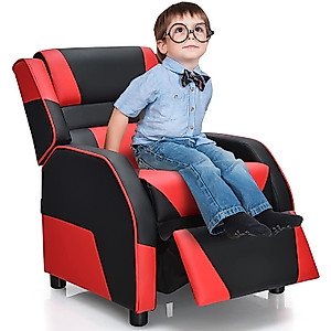 HONEY JOY Kids Recliner, Youth Game Reclining Chair w/Headrest & Back Pillow, Upholstered Leather Lounge Chair for Boys Girls, Manual Adjustable Toddler Single Sofa Chair for Living Room (Red)