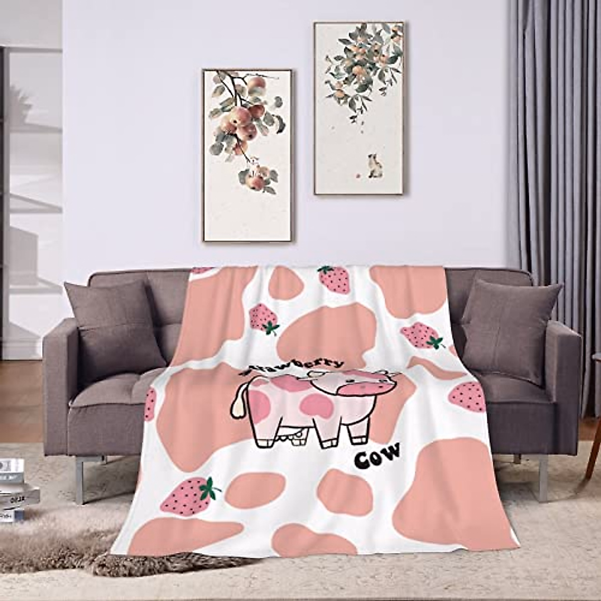 Strawberry Cow Print Blanket Colorful Ultra-Soft Fuzzy Lightweight Flannel Pink Throw Blanket for Couch Bed Sofa All Season Warm Cozy Camping Picnic Suit for Kids Adults 50''x40''