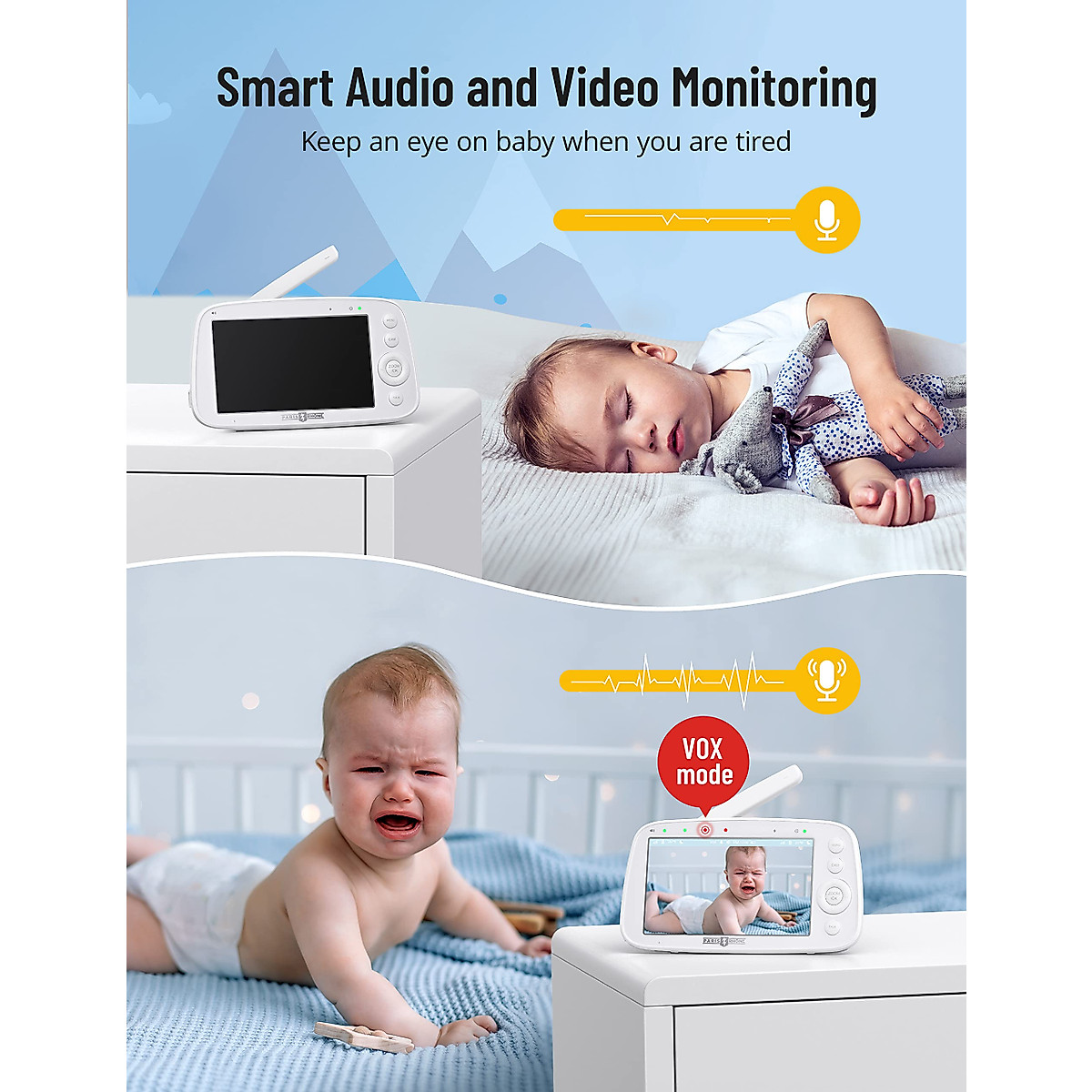 PARIS RHÔNE Video Baby Monitor, 5" 720P HD Baby Monitor with Camera and Audio, No WiFi, 2 Way Audio, VOX Mode, Infrared Night Vision, Feeding Reminder, Wide-Angle View Temperature Sensor Lullabies