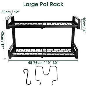 30" Expandable Hanging Pot Rack, 2 Tier Adjustable Pot and Pan Rack for Kitchen Organizers and Storage, Heavy Duty Pot and Pan Organizer, Wall Mounted Pot Lid Organizer for Pots and Pans with 10 Hooks