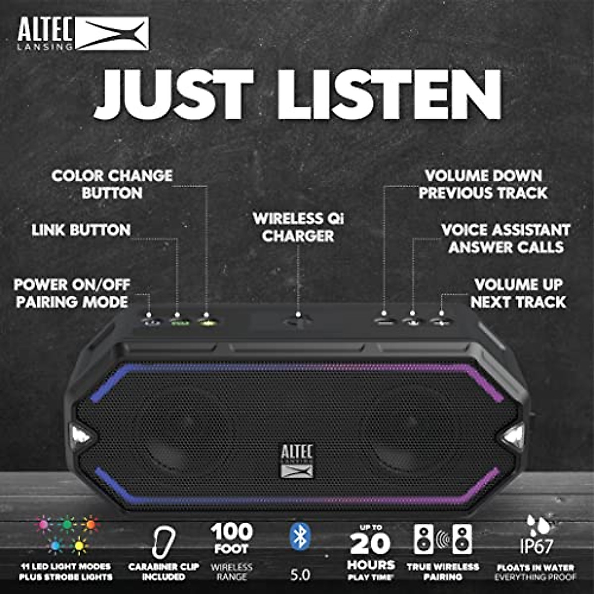 Altec Lansing HydraBlast Wireless Portable Bluetooth Speaker, IP67 Waterproof for Parties, USB C Rechargeable Outdoor Speakers with Built in Phone Charger and LED Lights, 20 Hour Playtime (Black)