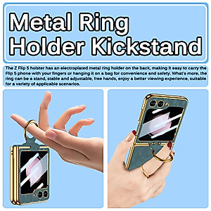 Miimall Leather Case with Metal Ring Holder Stand Compatible with Galaxy Z Flip 5, Built-in Screen Protector, Leather Cover with Electroplating Frame Ultra-Thin Case Cover for Z Flip 5 (Deep Green)