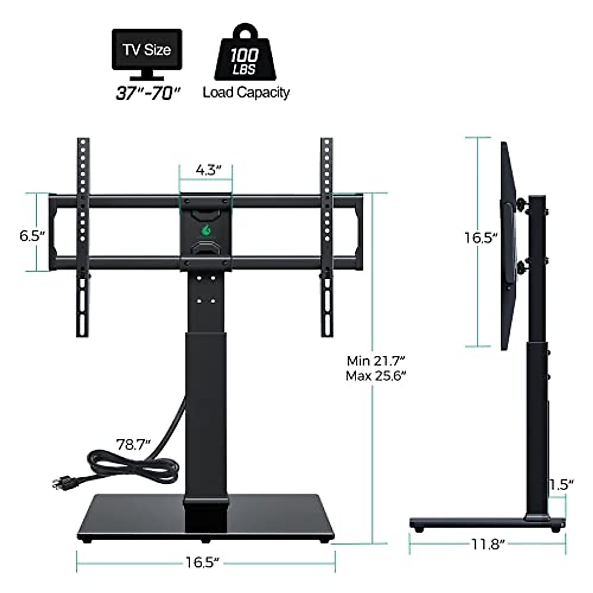 Greenstell TV Stand with Power Outlet, Universal TV Mount Stand for 37-70 inch TVs, Height Adjustable, Swivel Table Top TV Stand with Tempered Glass Base, Holds up to 100 LBs, Max VESA 600x400mm