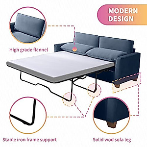 Mixoy Full Size Pull Out Sofa Bed, Velvet Sofa with Pull Out Bed, Sleeper Sofa with Foam Mattress, 2-in-1 Sleeper Couch Bed for Living Room, Apartment, Small Spaces (Blue)