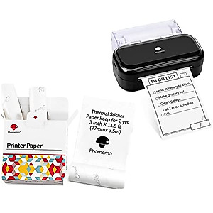 Phomemo M03 Pocket Printer- Portable Printer Photo Printer with 3 Roll 3 Inch Black on White, 77mm x 3.5m, 3 Inch X 11.5 ft, Compatible with iOS + Android for Photos, Journalist, Work, Plan-Black