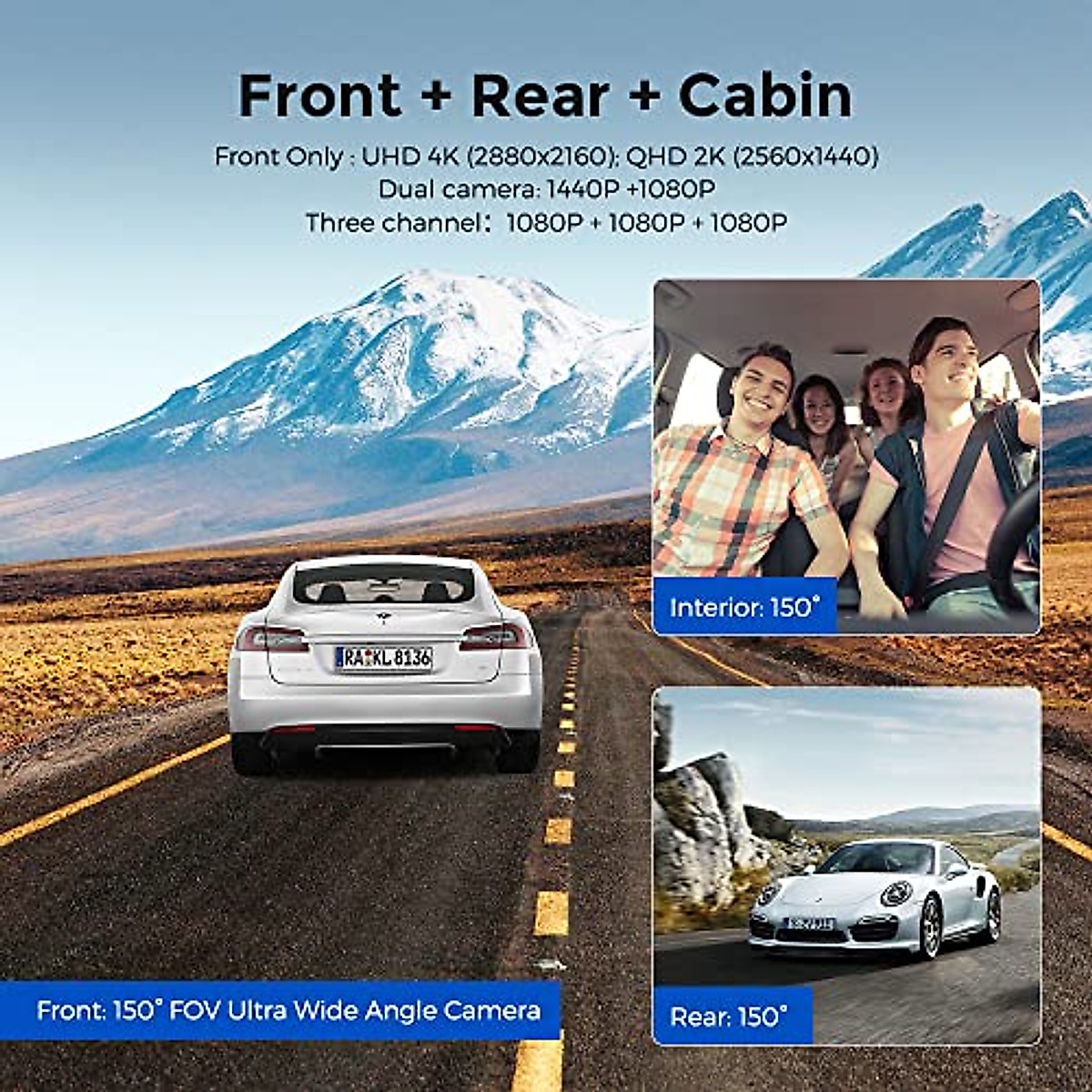 AZDOME M560-3CH Dash Cam 3 Channel, Built in WiFi GPS, 128GB eMMC Storage, 4” IPS Touch Screen, Front Cabin Rear 1080P Dash Camera for Cars, 1440P+1080P Dual, IR Night Vision, Capacitor, Parking Mode