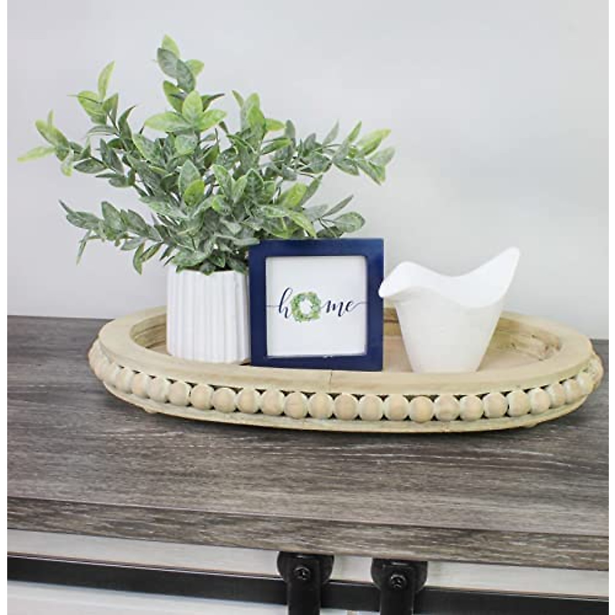 AuldHome Rustic Beaded Wood Tray Set (Set of 2); Farmhouse Distressed Oval Wooden Tray Set