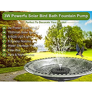 3W Solar Bird Bath Fountain Pump Built-in 1500mAh Battery with Colorful Lights, 6.3" Solar Water Fountain with 7 Nozzles & Night Mode, Solar Pump for Bird Bath, Garden, Pond, Pool, Outdoor