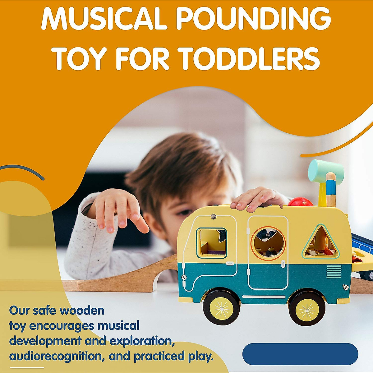 Leo & Friends School Bus Pound and Tap Bus Bench - Wooden Toy Bus with Slide Out Xylophone, Durable Musical Pounding Toy, 8 Colorful Blocks, 1 Hammer, and 1 Rainbow Xylophone, Perfect Educational Gift