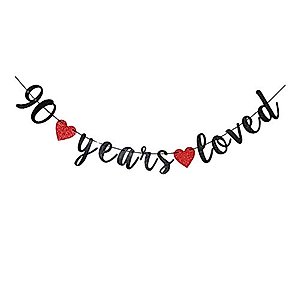 90 Years Loved Black Paper Sign for Adult's 90th Birthday Party Supplies, 90th Wedding Anniversary Party Decorations