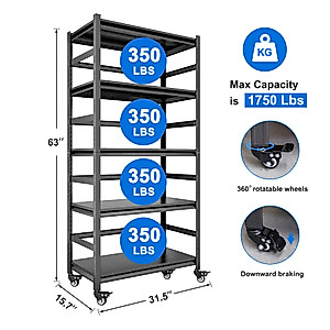 Livavege 63''H Storage Shelving Units, Adjustable 5-Tier Pantry Shelves with Wheels Load 1750LBS, Garage Shelving Heavy Duty Metal Storage Shelves Utility Rack for Kitchen Warehouse Basement Laundry