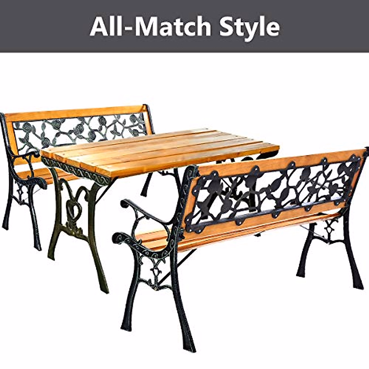 Giantex 50'' Patio Park Garden Bench, Outdoor Furniture Rose Cast Iron Hardwood Frame Porch Loveseat for 2 Person Outdoor Clearance