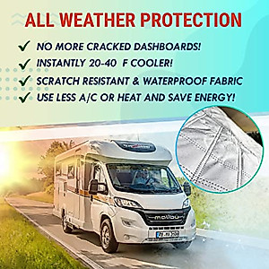 LATCH.IT RV Windshield Cover Class C | RV Front Windshield Cover Class C Compatible with Ford 1997-2023 | Class C Motorhome Windshield Cover w/Upgrade Mirror Cutouts and Elastic Corner Bands
