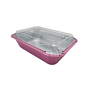 KitchenDance Colored Nonstick Aluminum Foil Food Storage or Take Out Baking Pan with Lid - 7x5 Inches Heavy Duty Aluminum Pans Perfect for Baking, Storing, and Preparing Food, 7650 (Pink, 50)