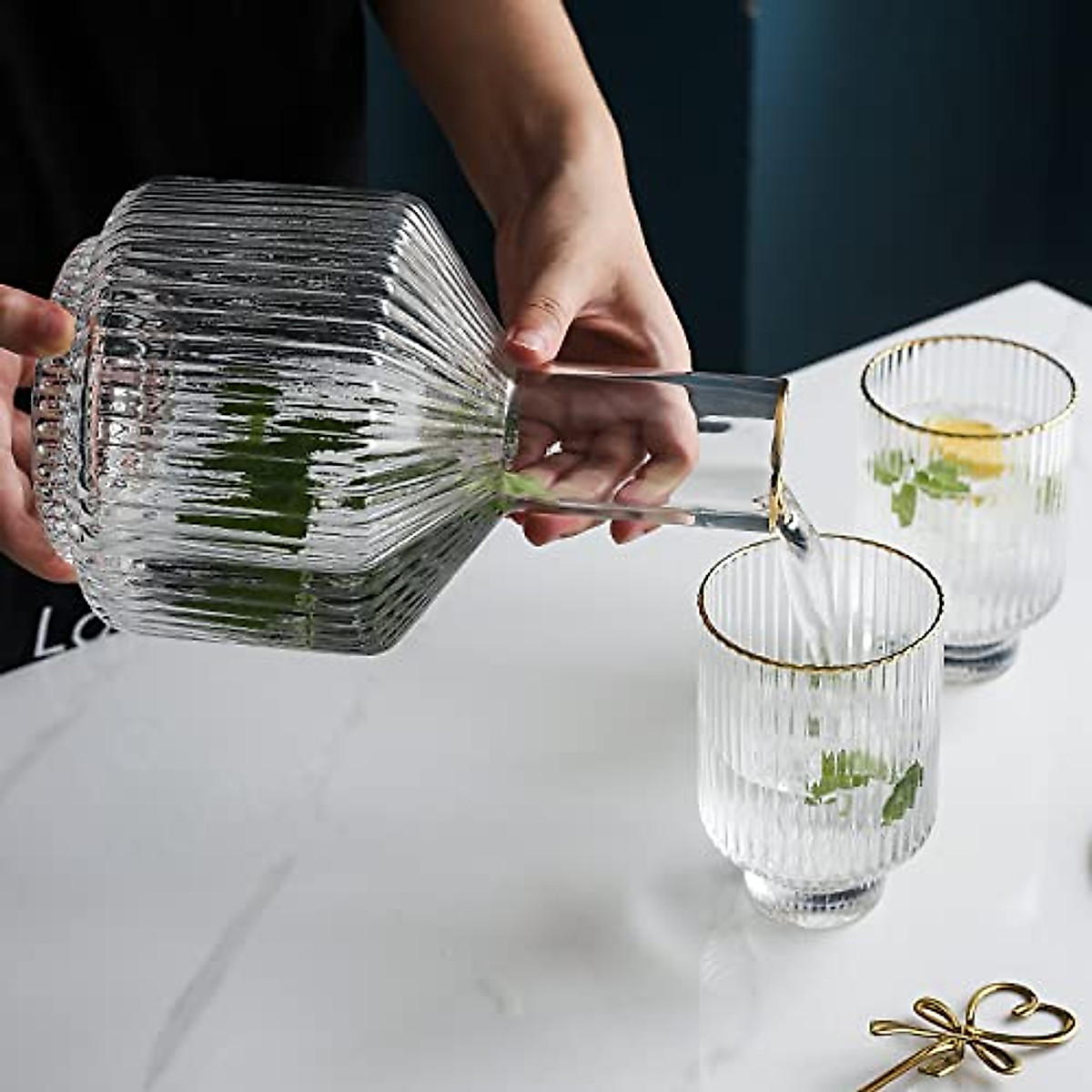 1500 C Tabletop Tiara Optic Swirl Bedside Carafe 1 Pitcher 59 oz. and 2 Tumblers 11.5 oz. Gold Rim Bedside Water Carafe with Glass Cups for Nightstand