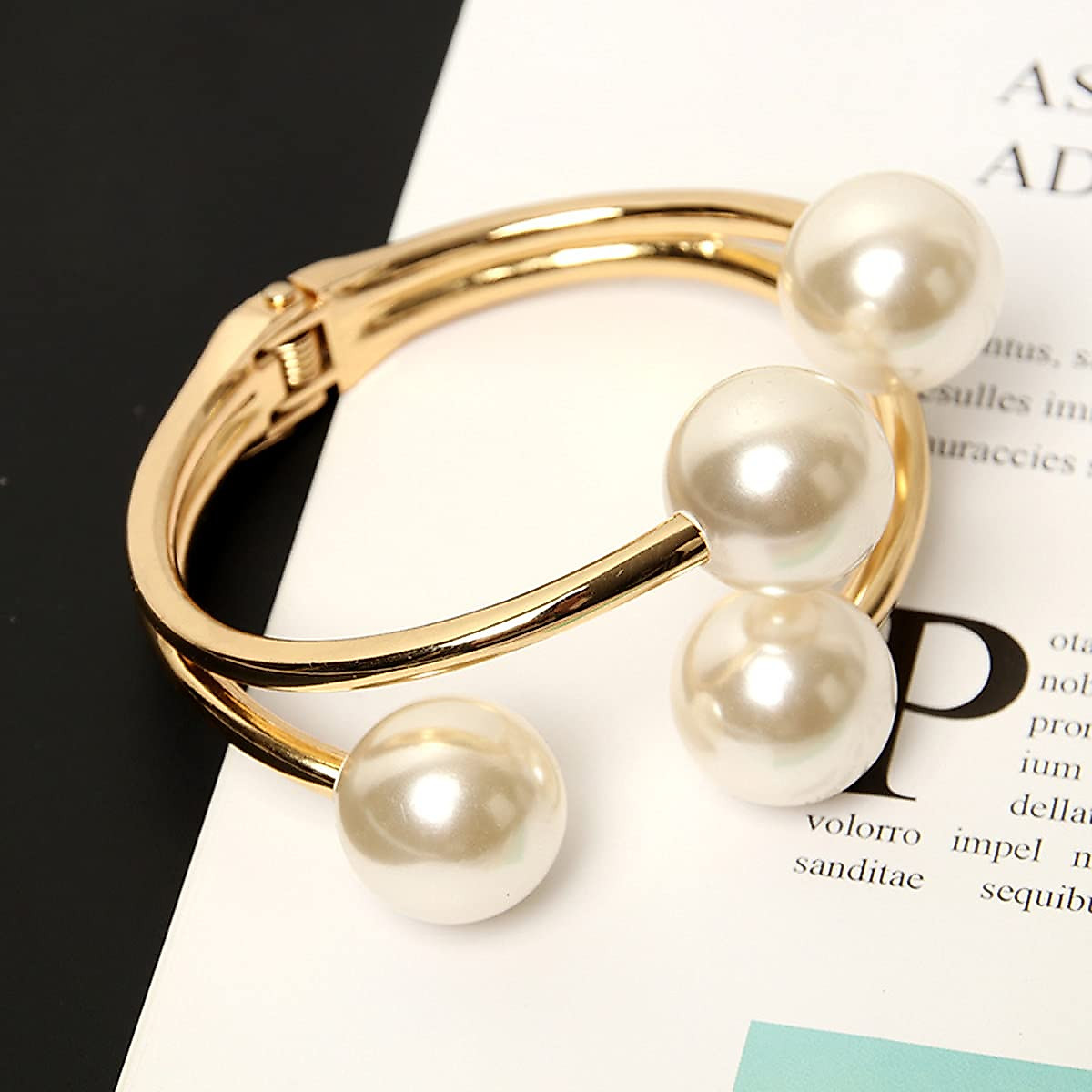 Caiyao 14K Plated Gold Big Pearl Clasp Cuff Bracelets Asymmetric Broadside Ball Handcuffs Wrist Bangle for Women Simple Fashion Jewelry-A layered