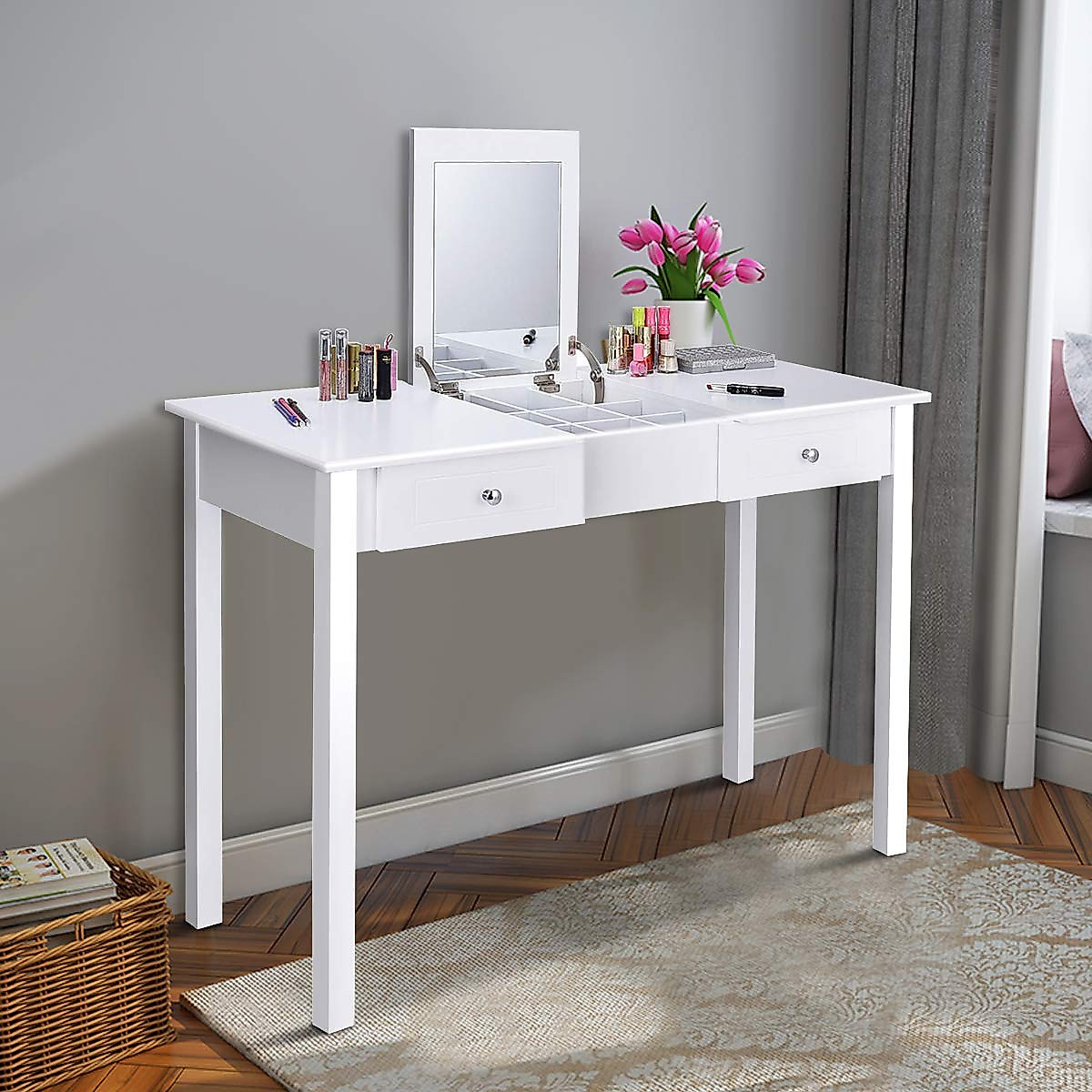 Nightcore Vanity Flip Top, Makeup Dressing Table Set with Square Mirror, 1, White