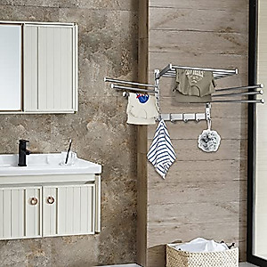 Laundry Clothes Drying Rack, Foldable Wall Mounted Drying Rack, Swivel Towel Rack with 5 Coat Hooks & 7 Swing Arms, Space Aluminum Drying Rack for Laundry Room Organization and Bathroom (Silver 7rods)