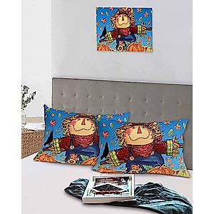 Edwiinsa Fall Scarecrow Pillow Covers King Standard Set of 2 Bed Pillow, Autumn Pumpkin Maple Leaves Blue Plush Soft Comfort for Hair/Skin Cooling Pillowcases with Envelop Closure 20''x36''