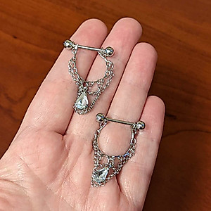 Body Candy Stainless Steel Clear Teardrop Chain Dangle Nipple Ring Set of 2 14 Gauge 5/8"
