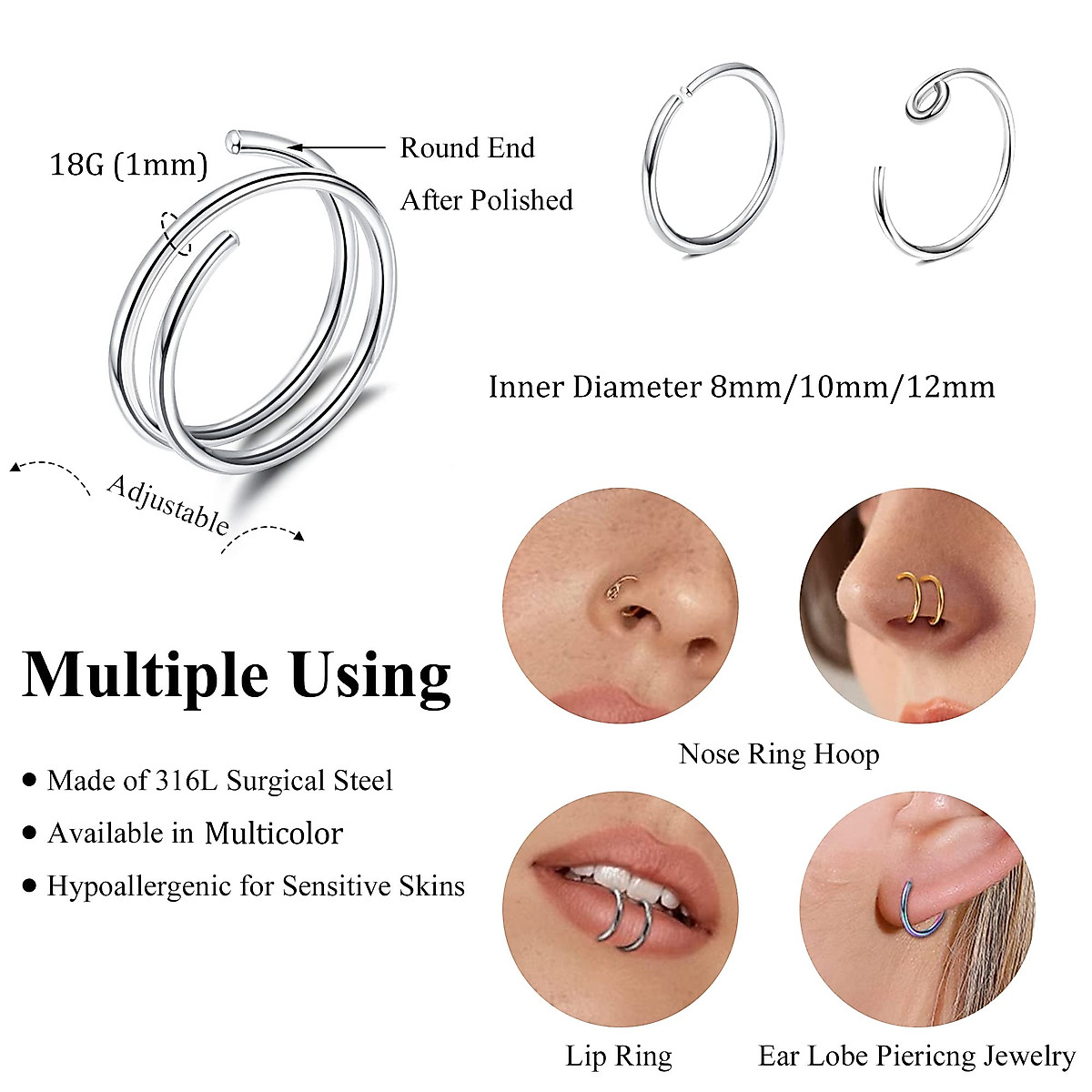 ZELORES 15Pcs 18G Nose Rings Hoops Double Nose Ring For Single Piercing 316l Surgical Steel Spiral Nose Hoop Rings For Women Nostril Piercing Jewelry(8MM)