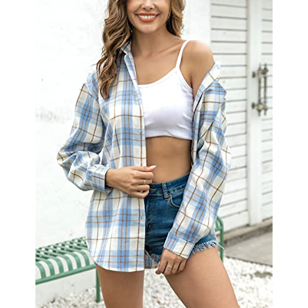 Silly Turtle Flannel Plaid Shirts for Women Oversized Long Sleeve Button Down Shirts Blouse Tops(0015-LightBlue-S)
