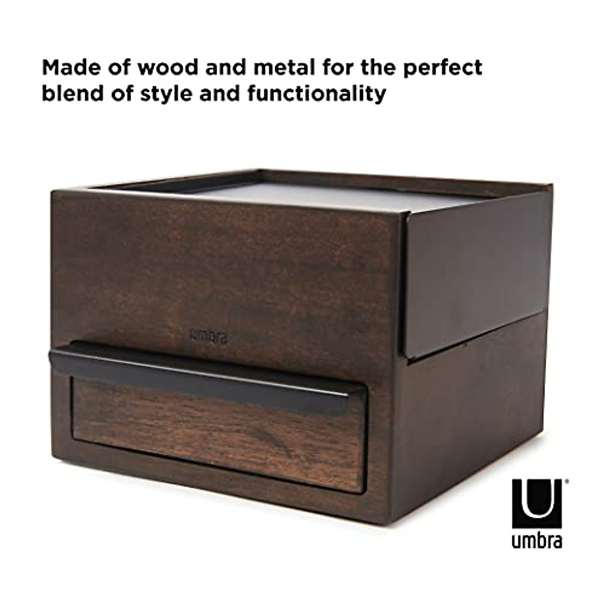Umbra Mini Stowit Jewelry Box - Modern Keepsake Storage Organizer with Hidden Compartment Drawers for Ring, Bracelet, Watch, Necklace, Earrings, and Accessories,Black/Walnut