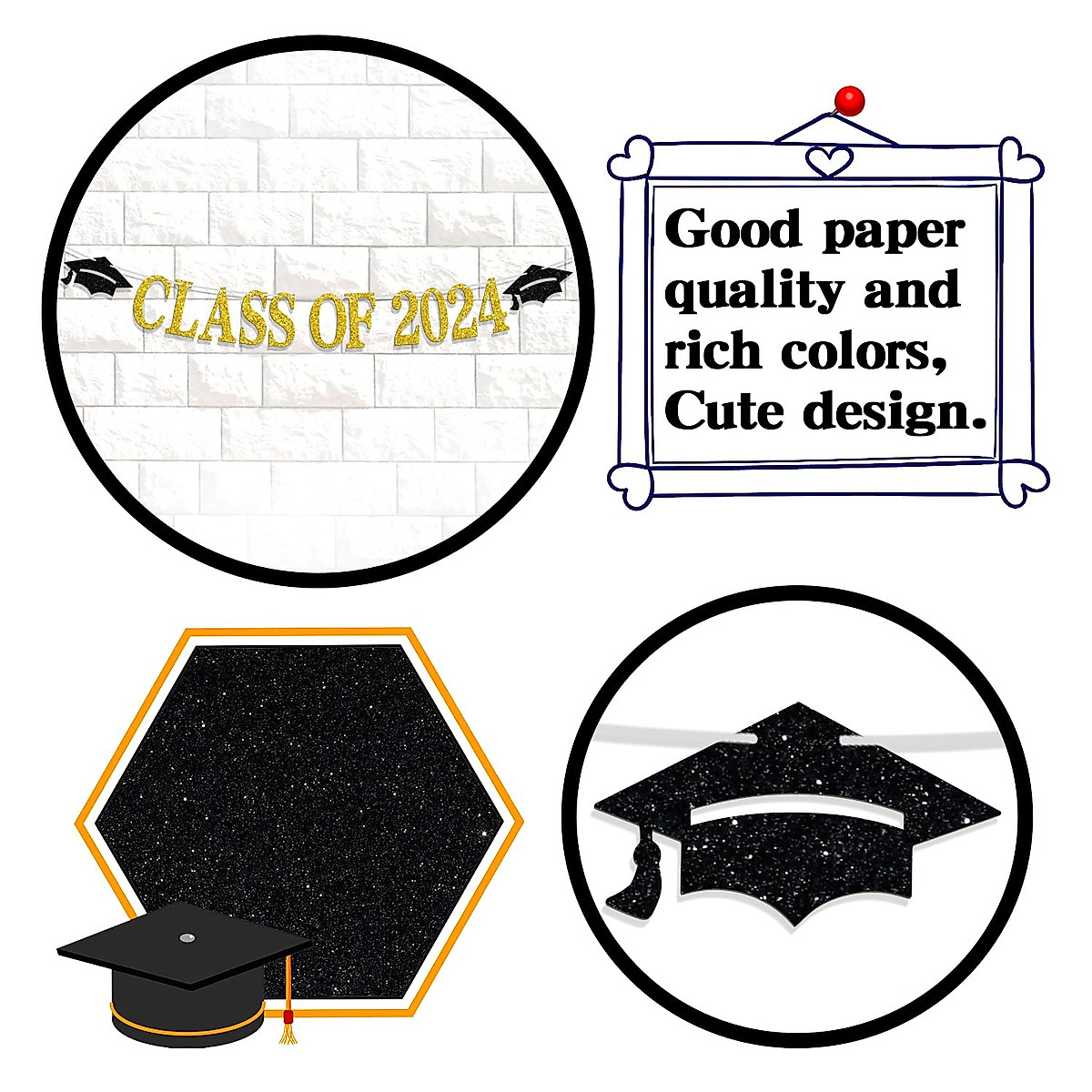 Class of 2024 Banner, Congrats Grad Bunting Sign for 2024 High School College Graduation Party Decorations Supplies, Black and Gold Glitter