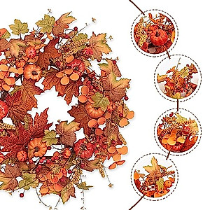 Yawwind 20 inch Fall Wreath Artificial Autumn Wreath with Orange Maple Leaves Pumpkin and Berry Harvest Wreath Thanksgiving Farmhouse Fall Wreaths for Front Door