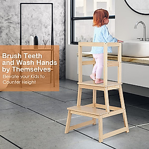 HONEY JOY Kids Kitchen Step Stool with Safety Rail, Wooden Montessori Standing Tower for Counter Bathroom Sink, Non-Slip Mat, Children Learning Stepping Stool for Toddlers 18+ Month