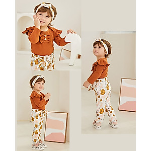 Kislio Newborn Baby Girls Clothes Ribbed Ruffled Romper+Floral Pants+Headband Infant Outfit Set